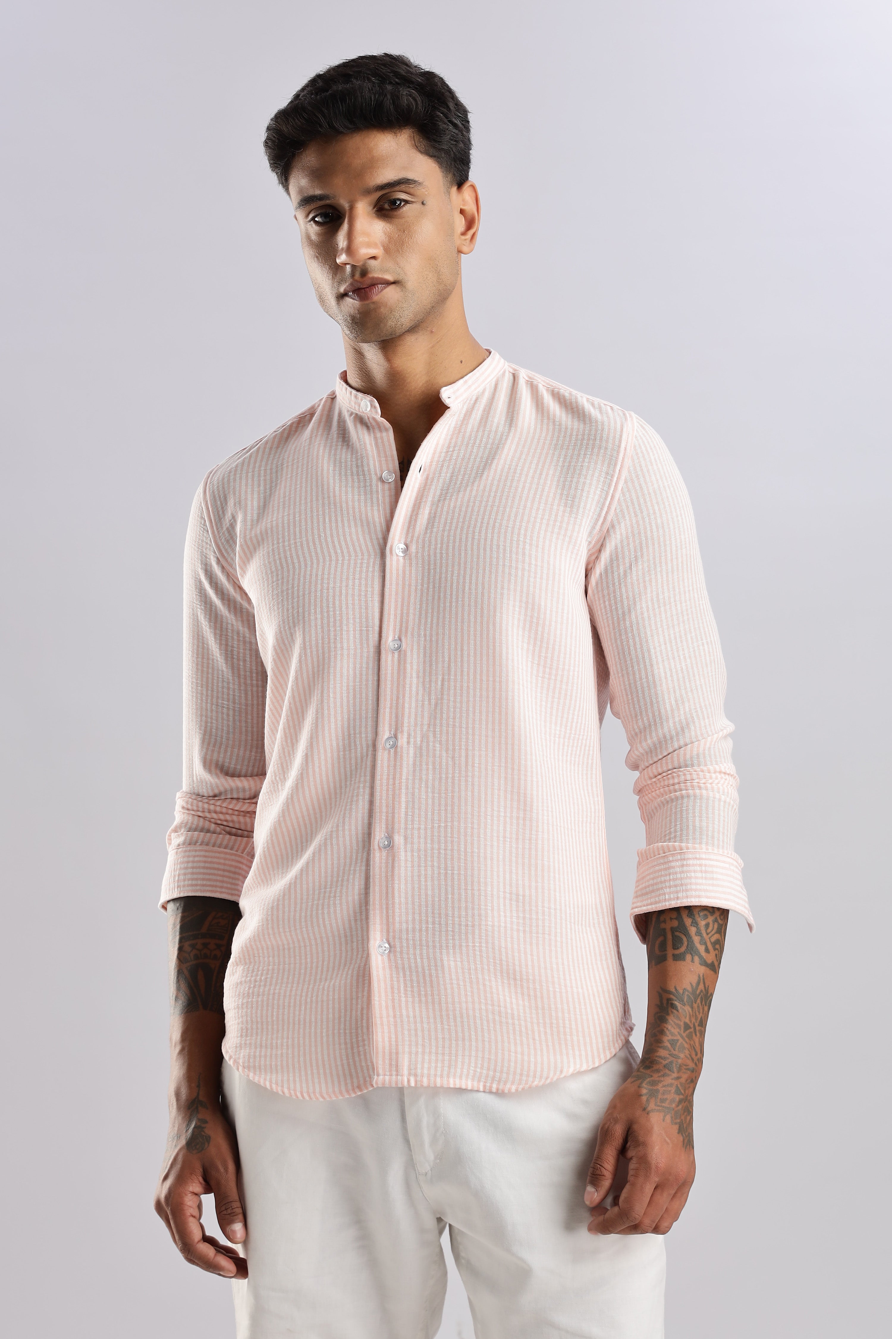 Men Linen Like Lining Mandrine Collar Shirt -Pink