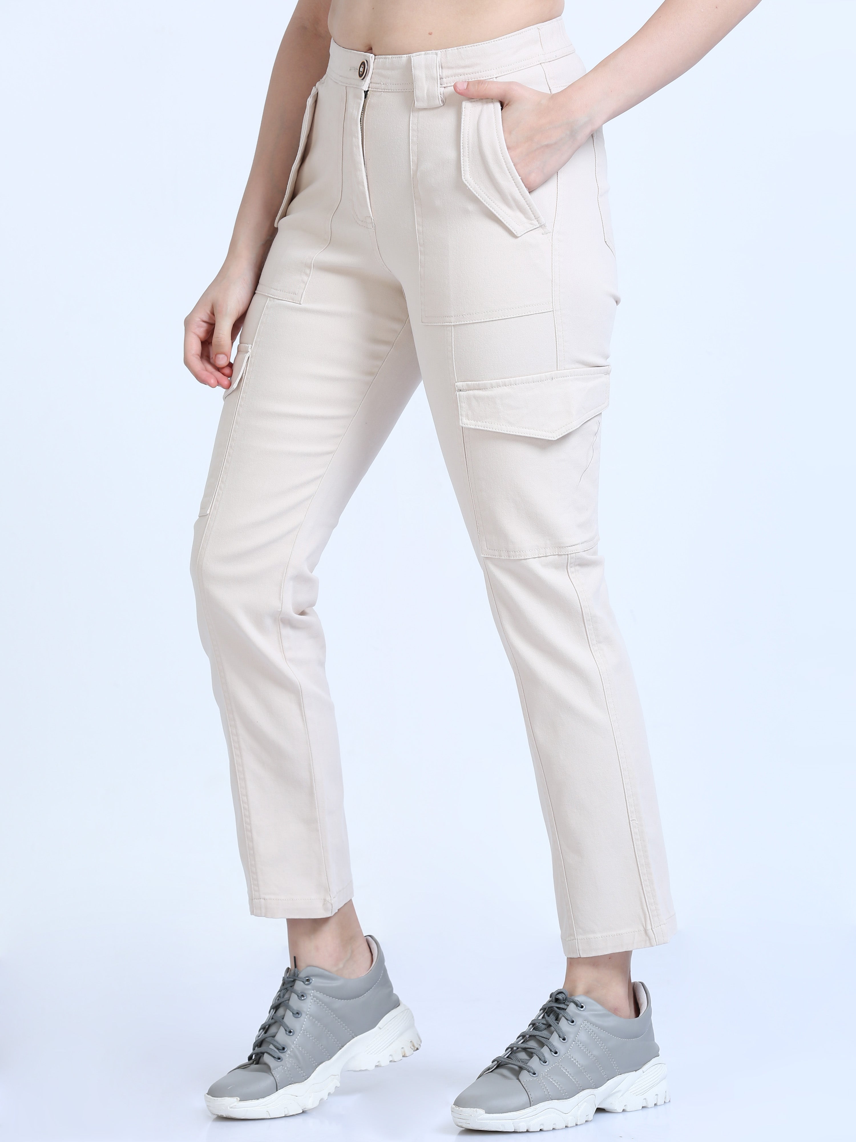Shop Latest Bolsillo Cream Colour Cargo Pants for Women