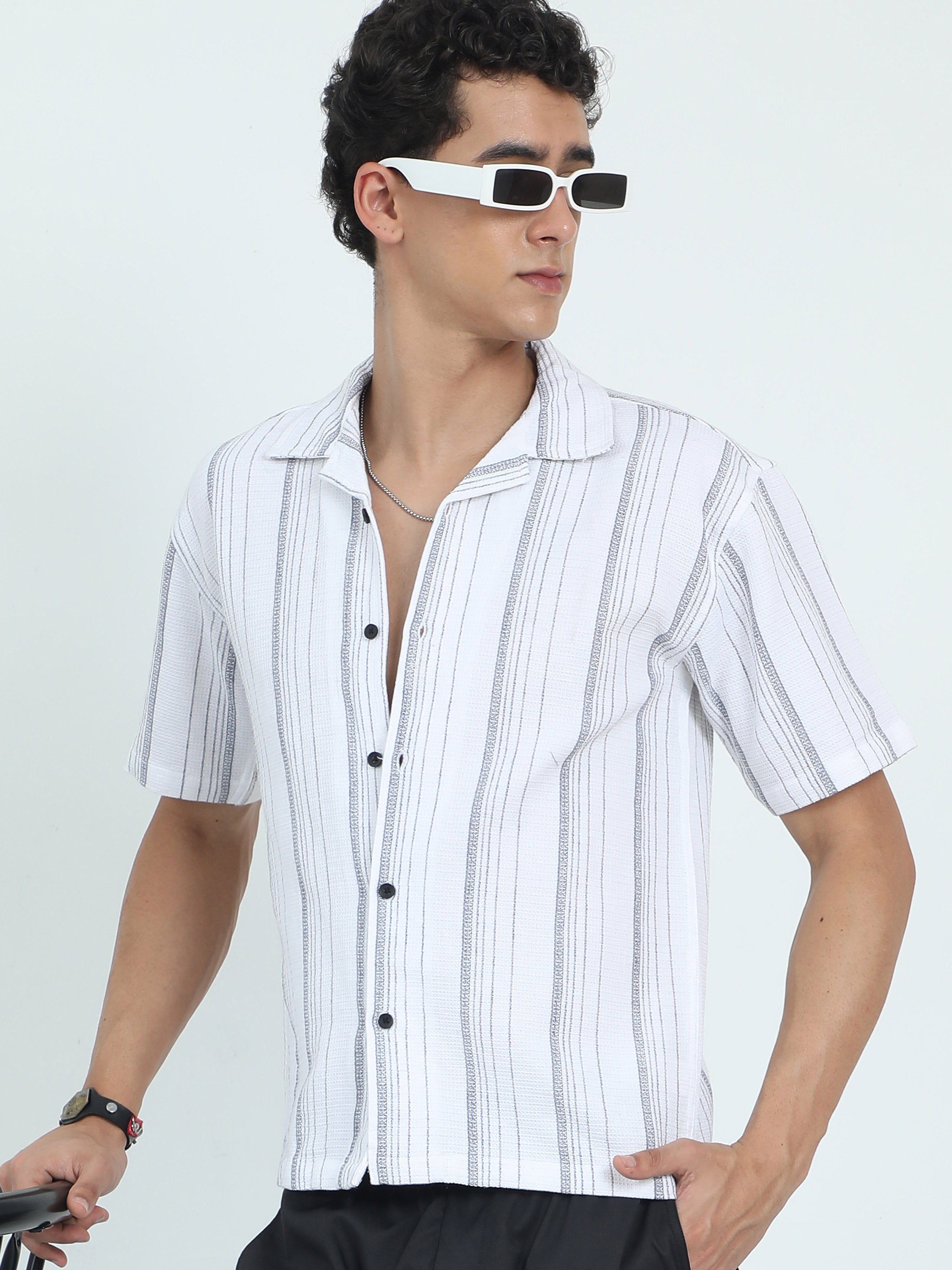 Buy Striped White Jacquard Mens Shirt Online